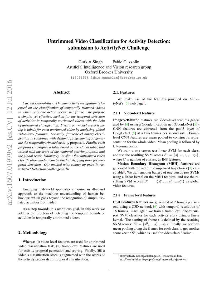 Untrimmed Video Classification For Activity Detection Submission To Activitynet Challenge Deepai