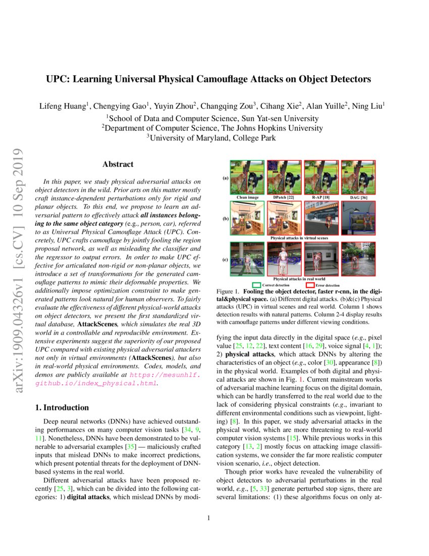 Upc Learning Universal Physical Camouflage Attacks On Object Detectors Deepai