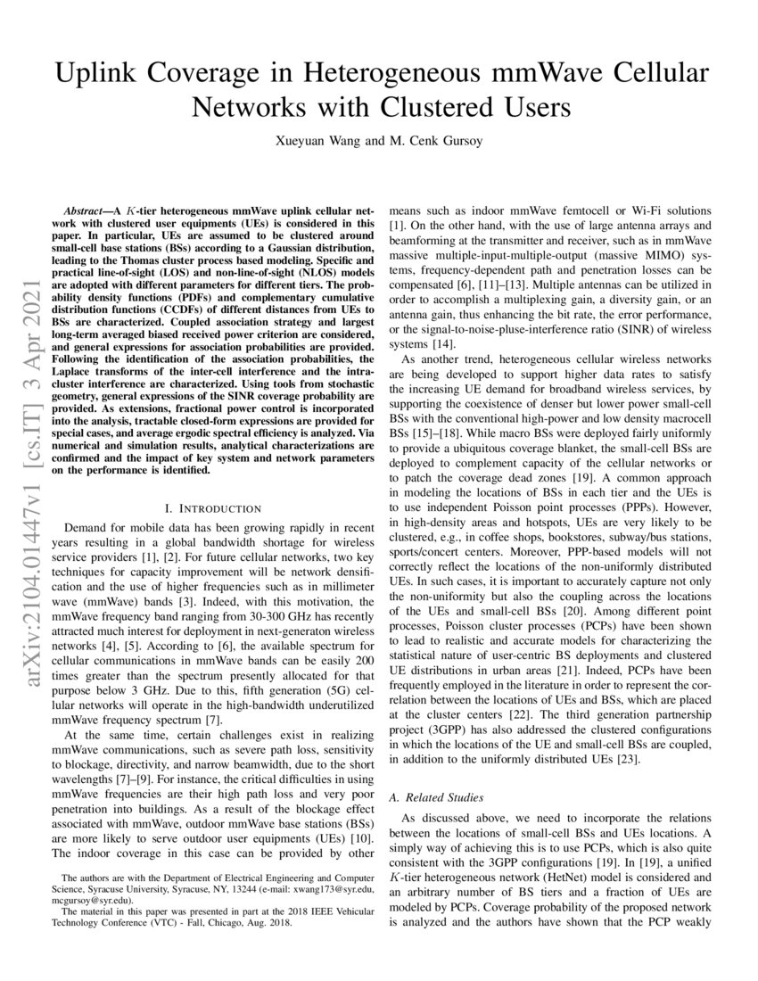 Uplink Coverage In Heterogeneous Mmwave Cellular Networks With Clustered Users Deepai