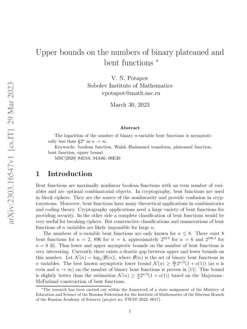 Upper Bounds On The Numbers Of Binary Plateaued And Bent Functions DeepAI upper-bounds-on-the-numbers-of-binary-plateaued-and-bent-functions-deepai