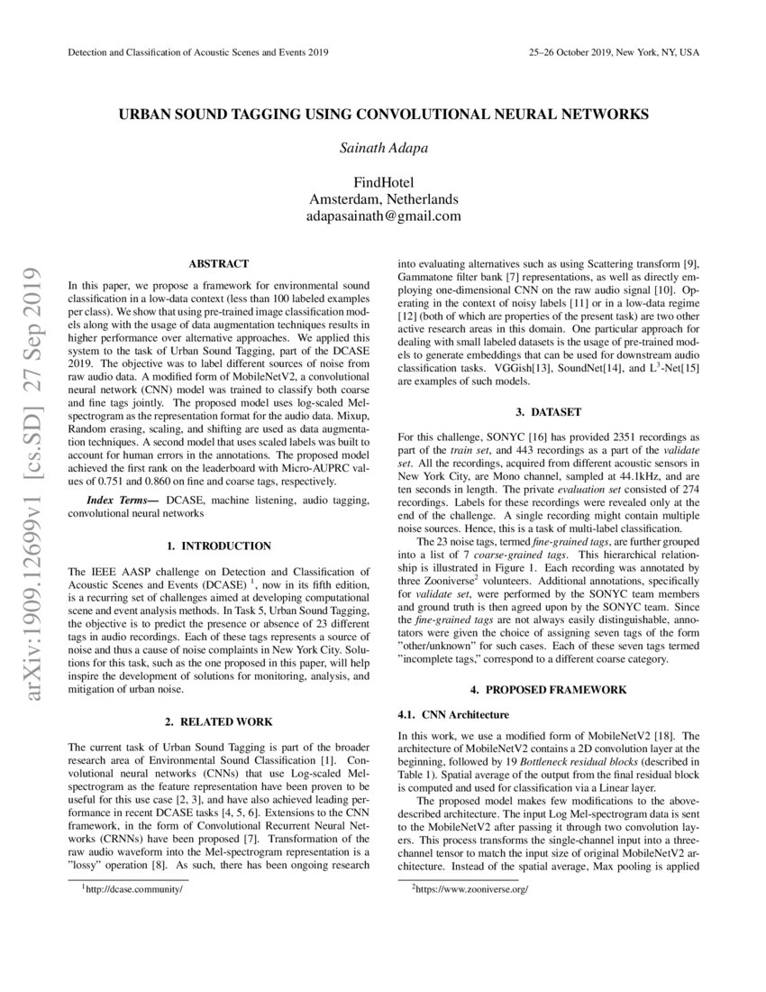 Urban Sound Tagging using Convolutional Neural Networks | DeepAI