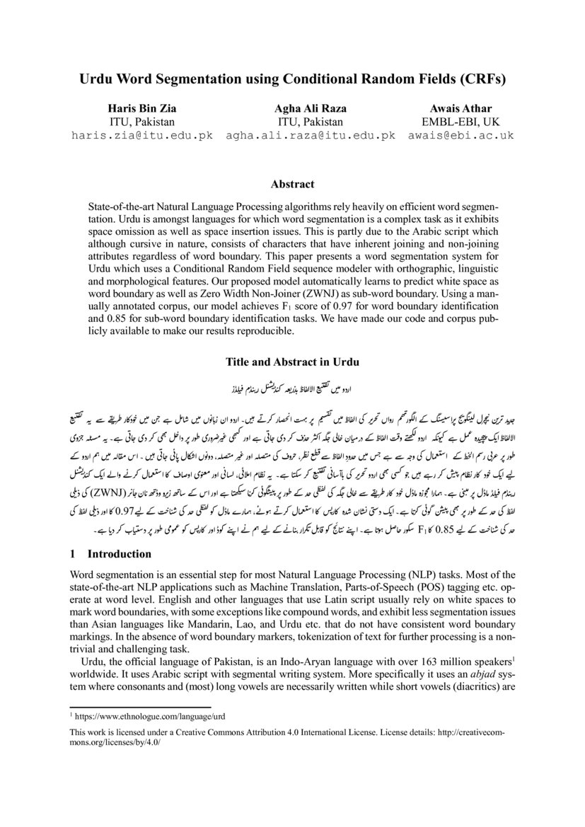 Urdu Word Segmentation Using Conditional Random Fields Crfs Deepai