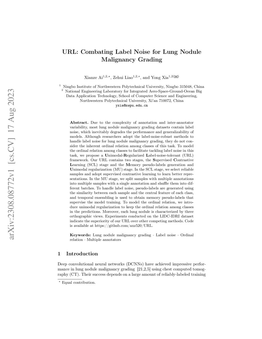 URL: Combating Label Noise for Lung Nodule Malignancy Grading | DeepAI