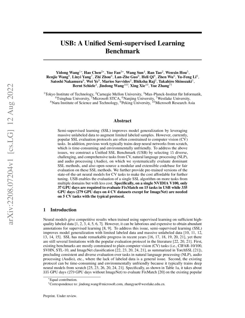USB: A Unified Semi-supervised Learning Benchmark | DeepAI