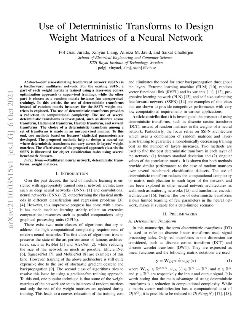 Use Of Deterministic Transforms To Design Weight Matrices Of A Neural
