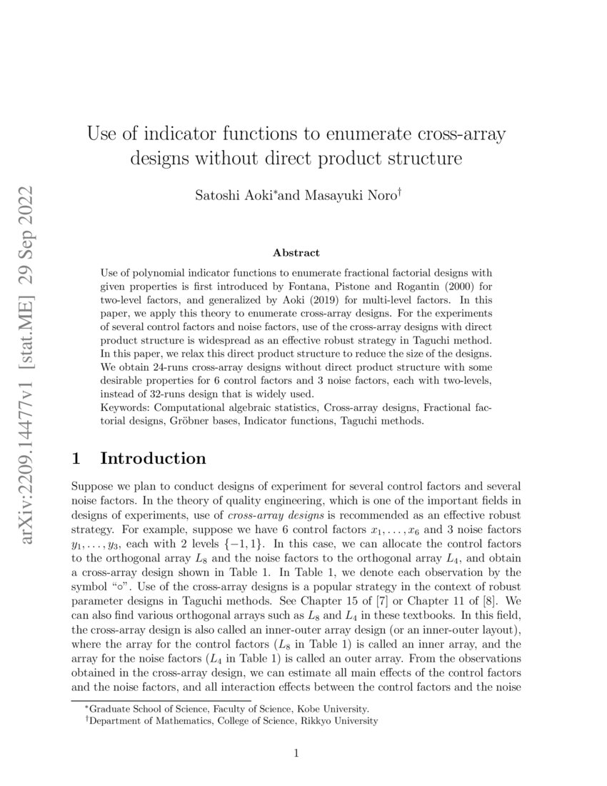 Use Of Indicator Functions To Enumerate Cross Array Designs Without