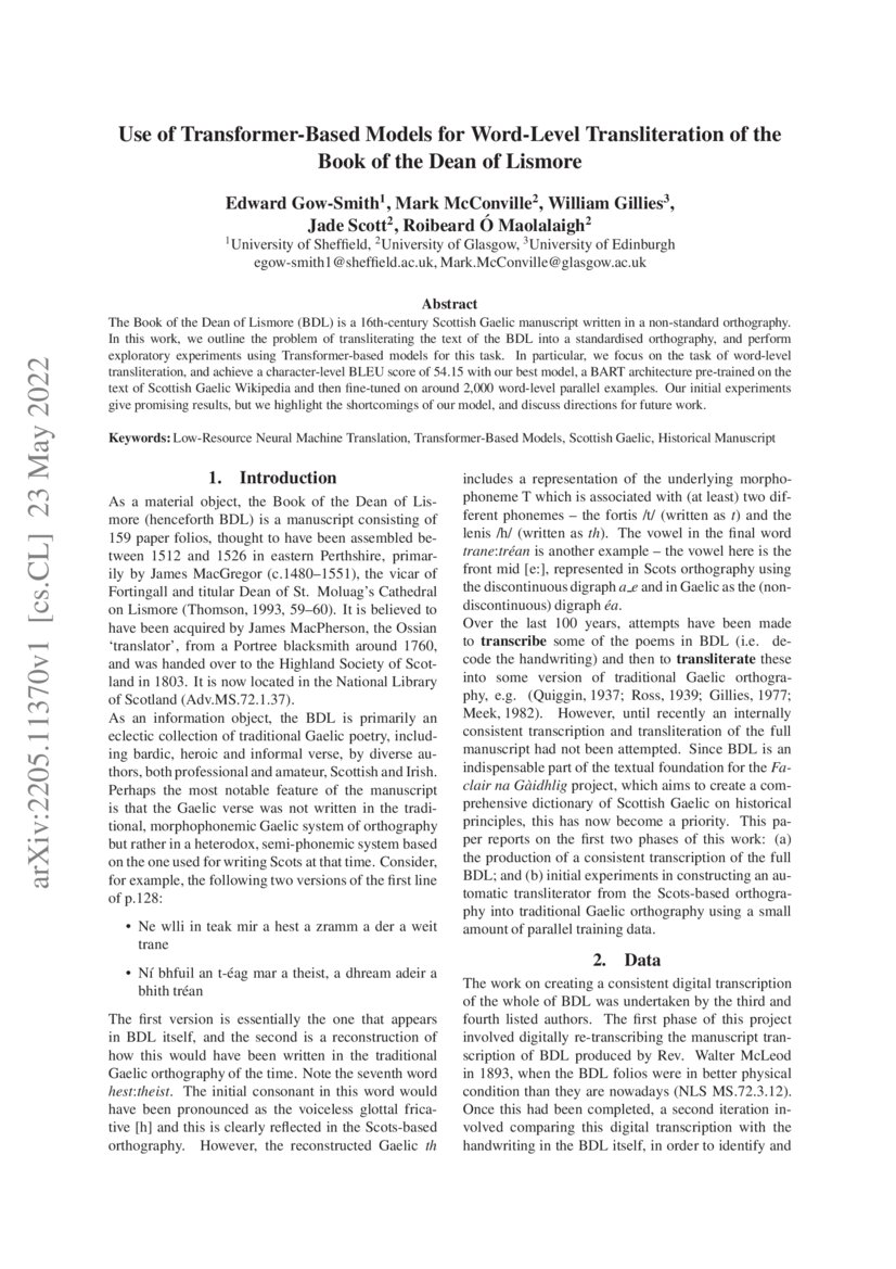 Use Of Transformer Based Models For Word Level Transliteration Of The Book Of The Dean Of