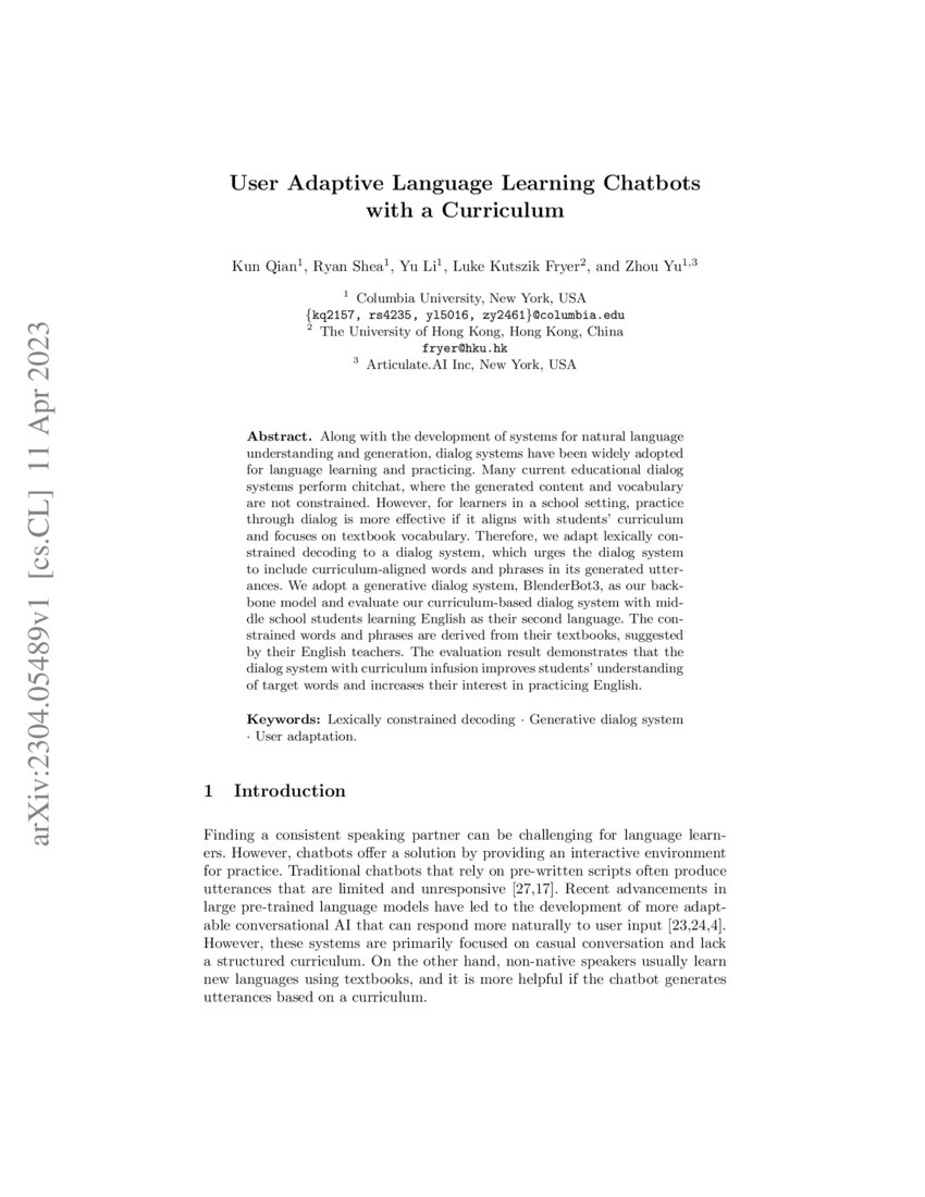 User Adaptive Language Learning Chatbots with a Curriculum | DeepAI
