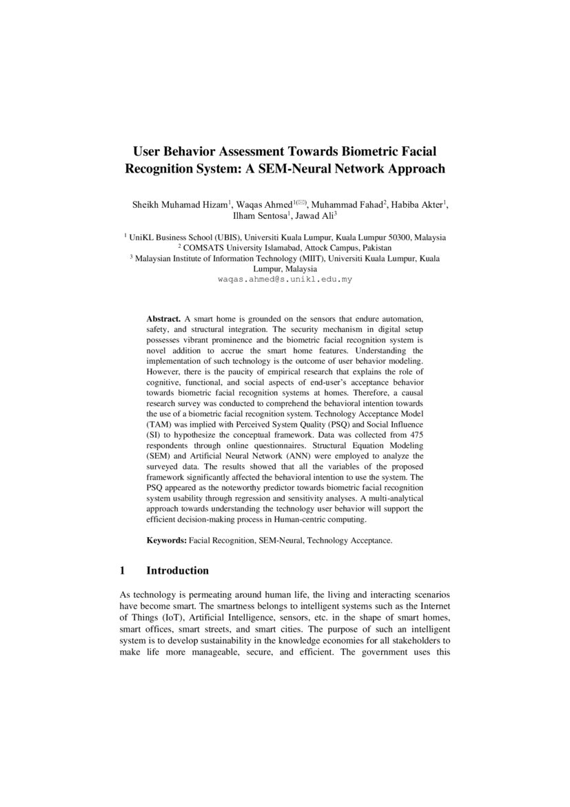 User Behavior Assessment Towards Biometric Facial Recognition System: A SEM-Neural Network ...