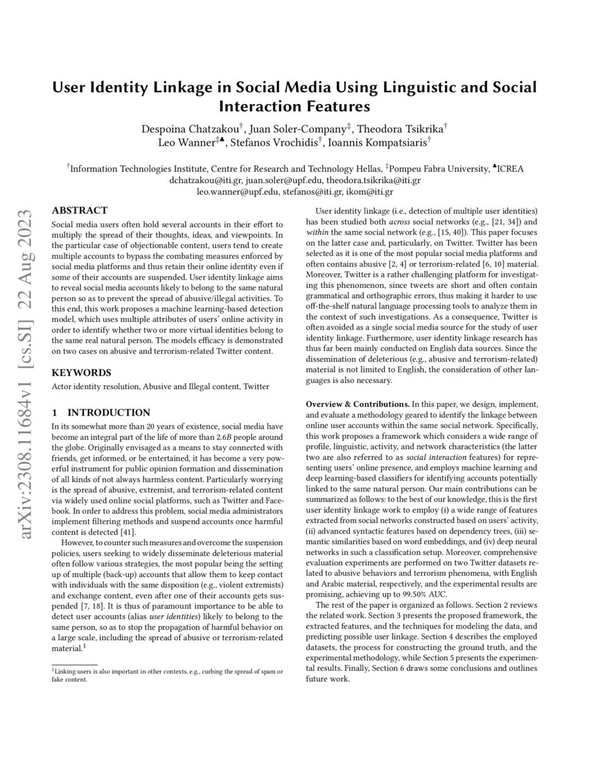 User Identity Linkage in Social Media Using Linguistic and Social Interaction Features | DeepAI