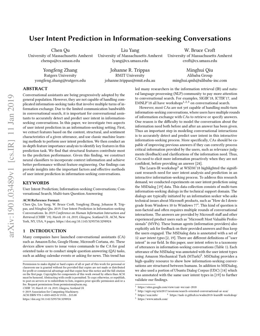 User Intent Prediction in Information-seeking Conversations | DeepAI