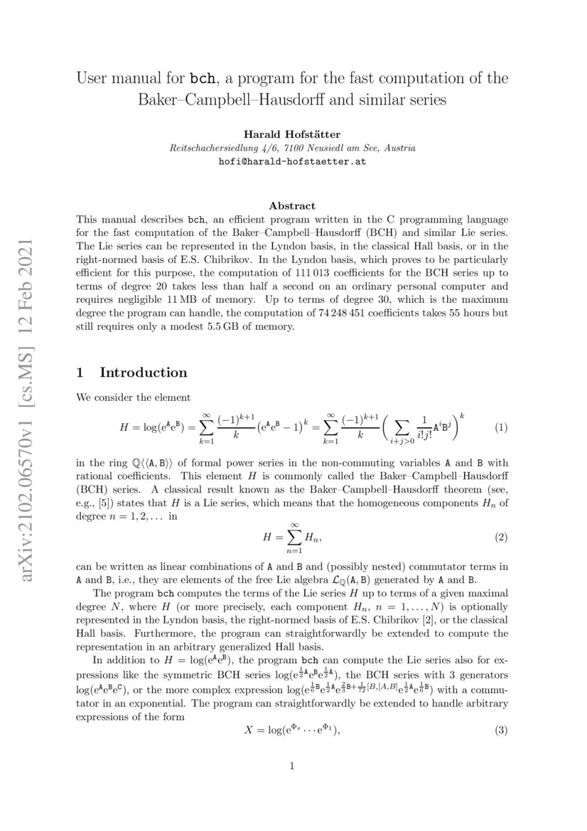 User manual for bch, a program for the fast computation of the Baker ...