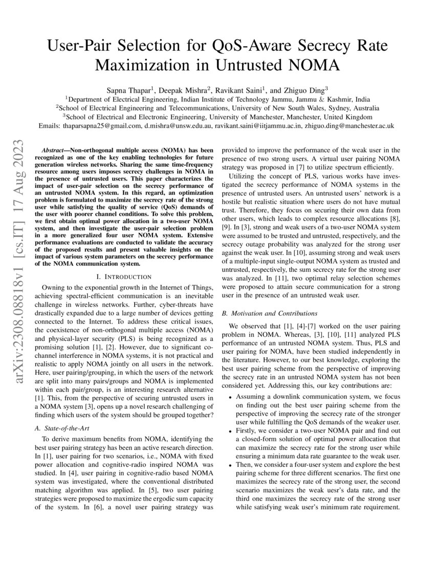 User Pair Selection For Qos Aware Secrecy Rate Maximization In Untrusted Noma Deepai