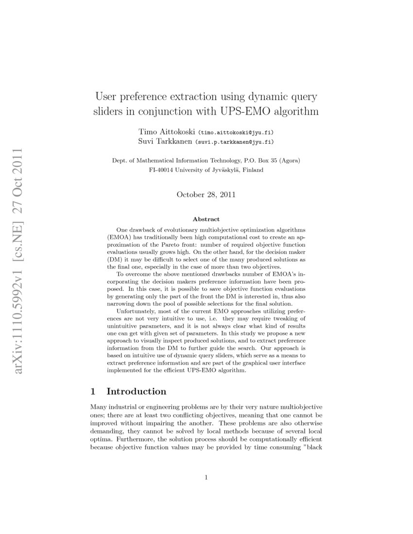 User Preference Extraction Using Dynamic Query Sliders In Conjunction With Ups Emo Algorithm 