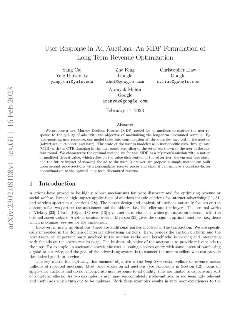 User Response in Ad Auctions: An MDP Formulation of Long-Term Revenue ...