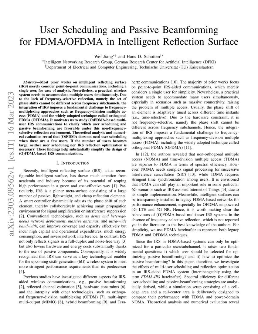 User Scheduling And Passive Beamforming For Fdma Ofdma In Intelligent