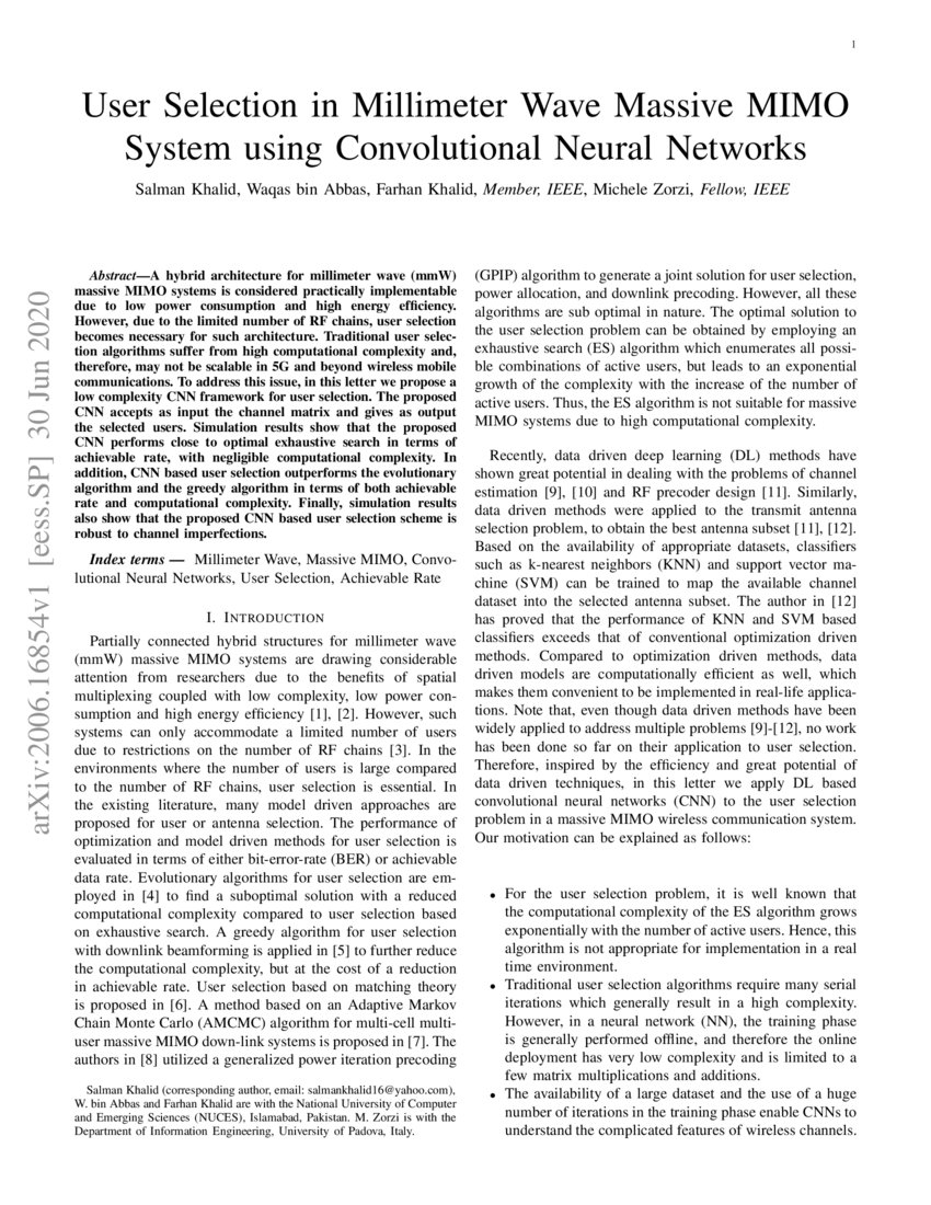 User Selection In Millimeter Wave Massive Mimo System Using Convolutional Neural Networks Deepai