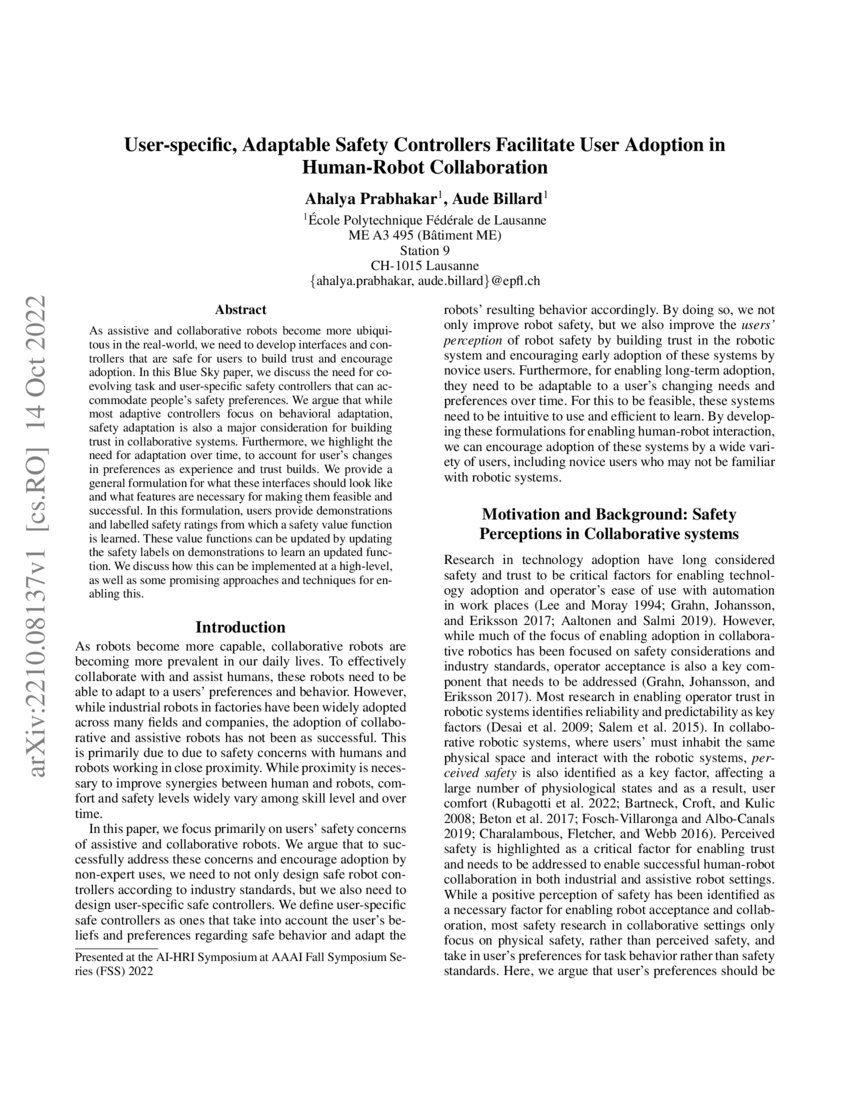 User-specific, Adaptable Safety Controllers Facilitate User Adoption in Human-Robot ...