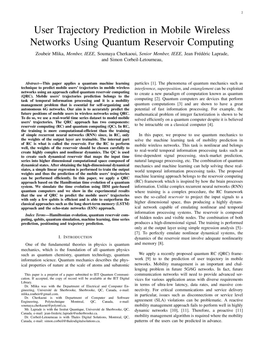 User Trajectory Prediction In Mobile Wireless Networks Using Quantum Reservoir Computing Deepai 
