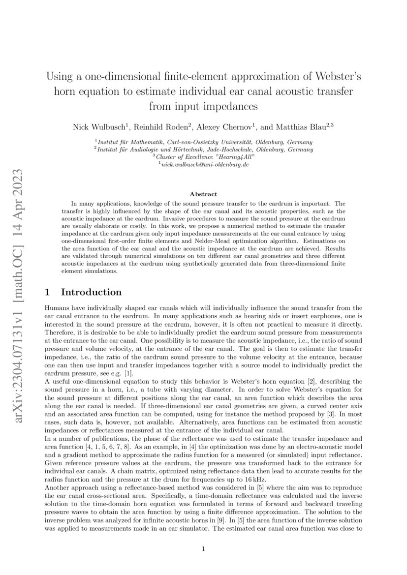 Using a one-dimensional finite-element approximation of Webster's horn equation to estimate ...