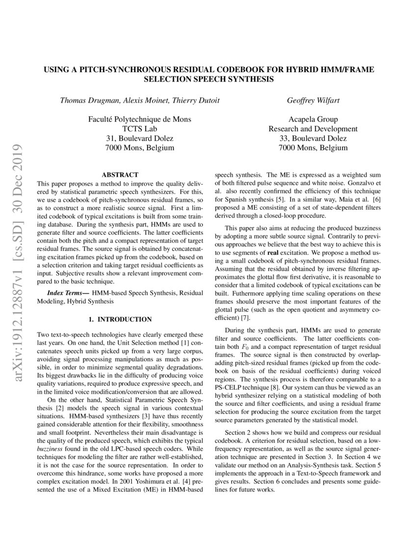 Using A Pitch Synchronous Residual Codebook For Hybrid Hmm Frame Selection Speech Synthesis Deepai