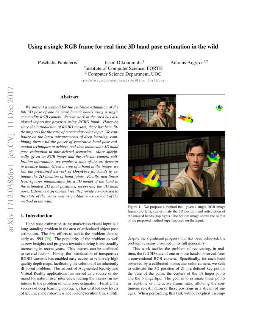 Using A Single Rgb Frame For Real Time 3d Hand Pose Estimation In The Wild Deepai