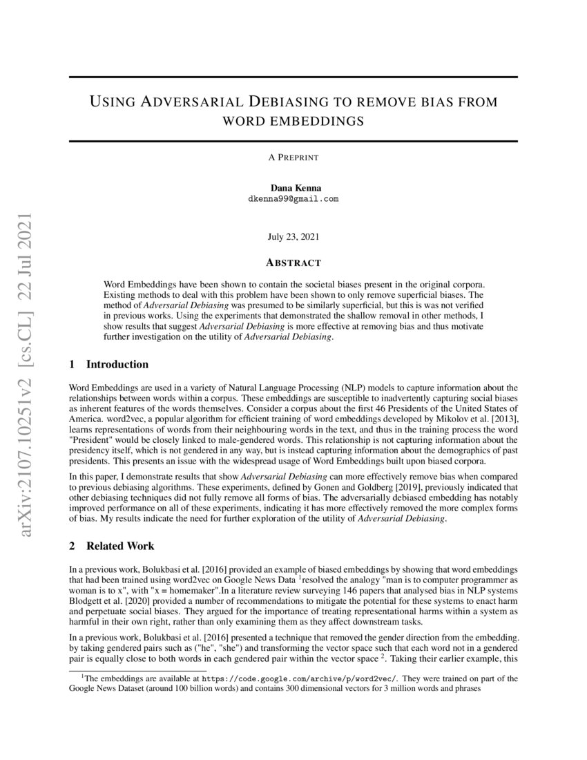 Using Adversarial Debiasing to Remove Bias from Word Embeddings | DeepAI