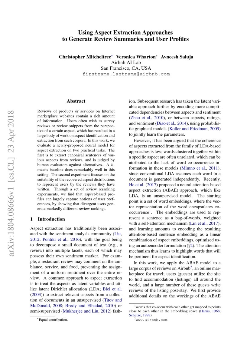 Using Aspect Extraction Approaches To Generate Review Summaries And