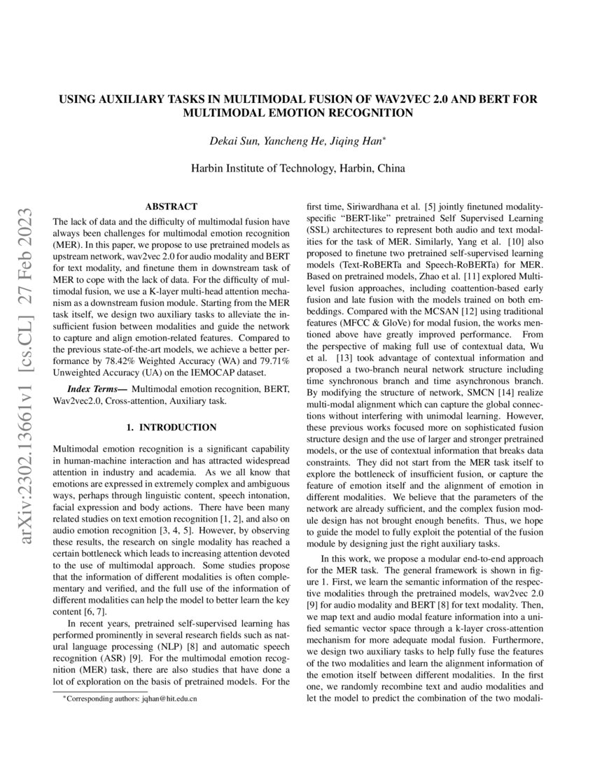 Using Auxiliary Tasks In Multimodal Fusion Of Wav2vec 20 And Bert For