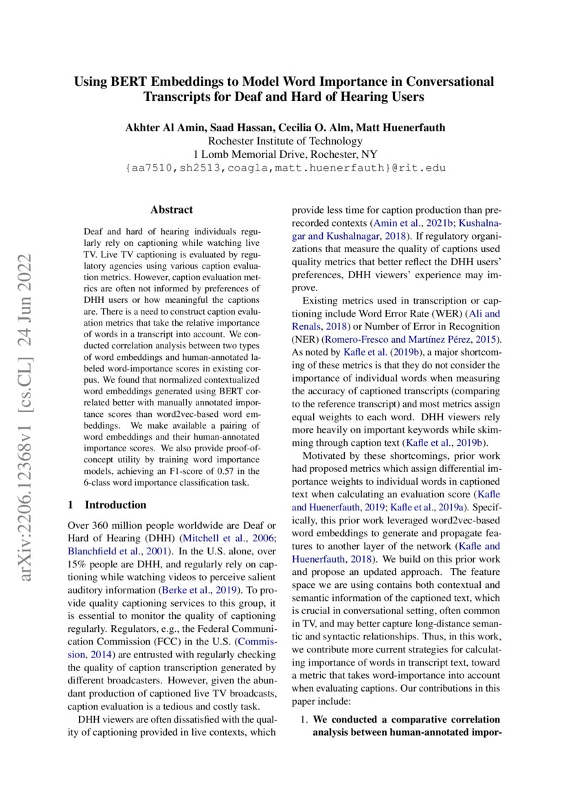 Using Bert Embeddings To Model Word Importance In Conversational Transcripts For Deaf And Hard