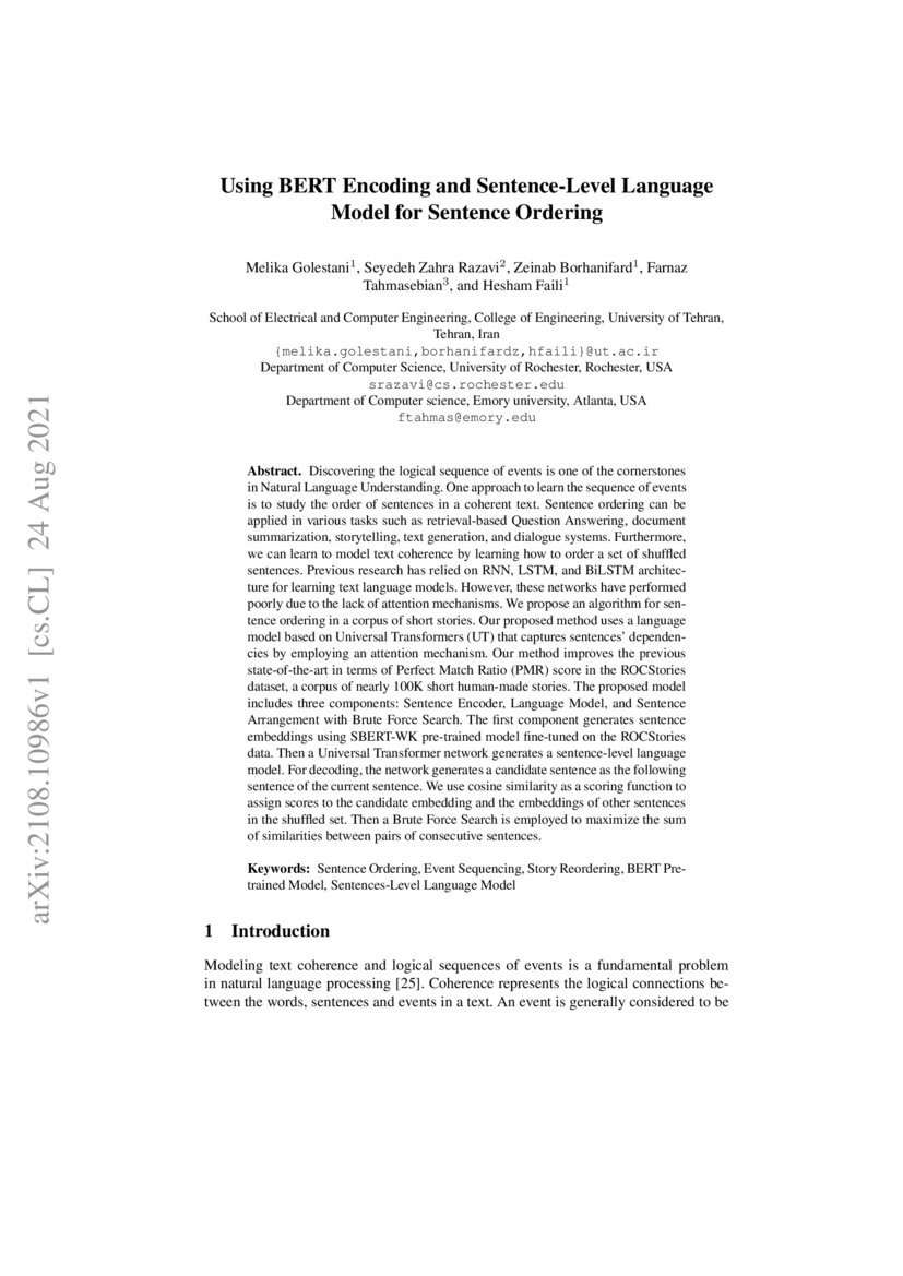 Using BERT Encoding and Sentence-Level Language Model for Sentence Ordering | DeepAI