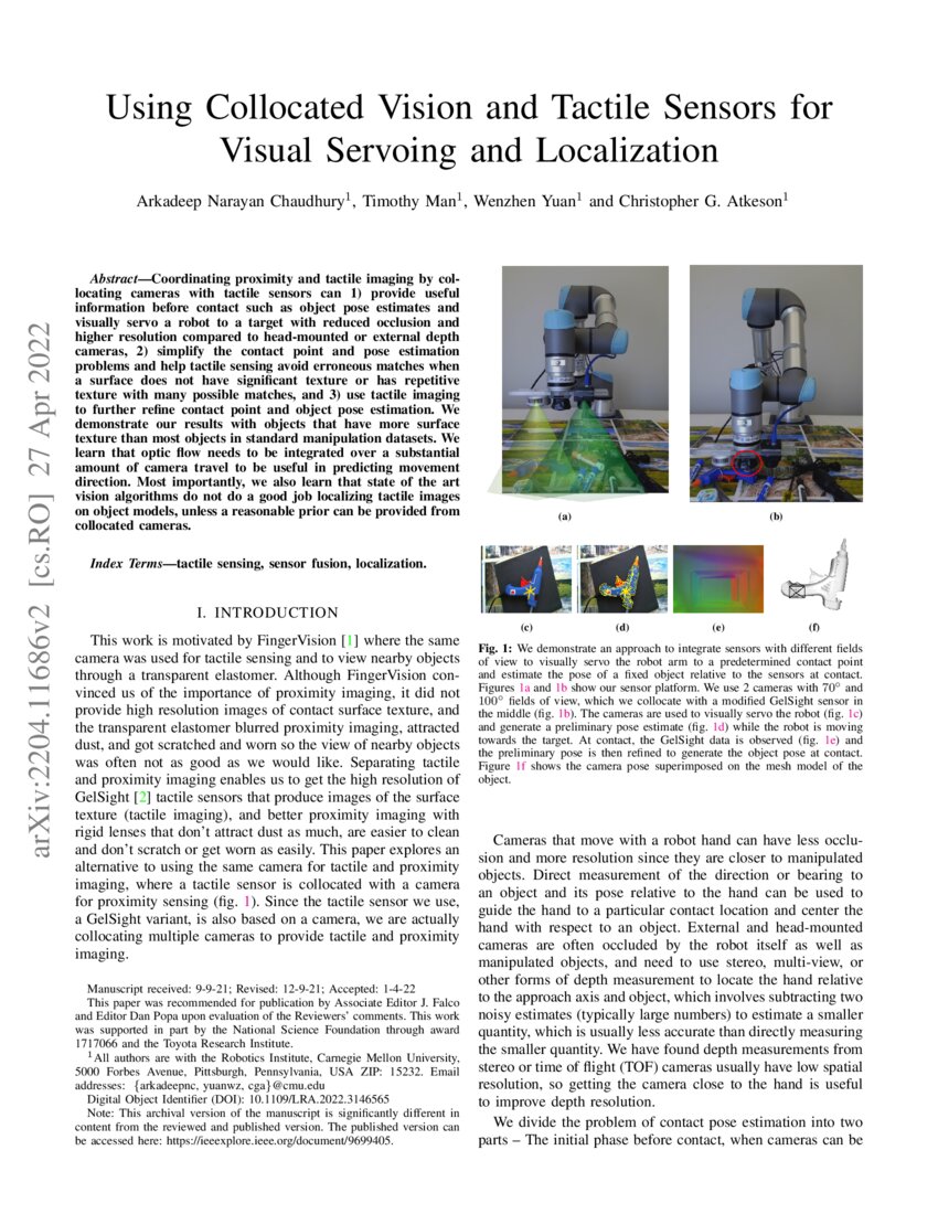 Using Collocated Vision and Tactile Sensors for Visual Servoing and Localization | DeepAI