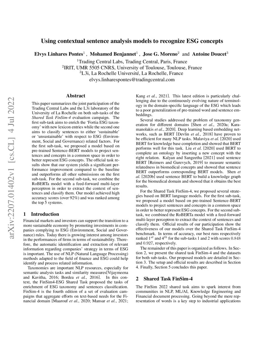 Using contextual sentence analysis models to recognize ESG concepts ...