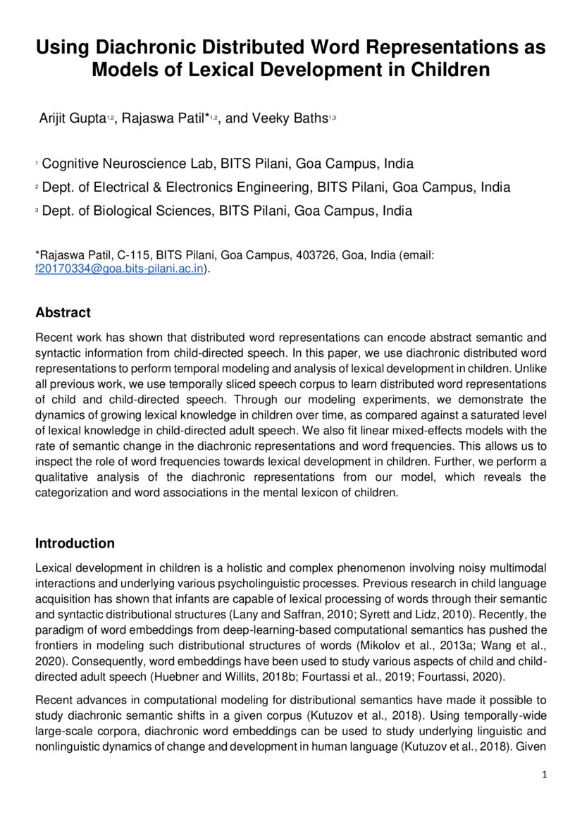 Using Diachronic Distributed Word Representations as Models of Lexical Development in Children ...