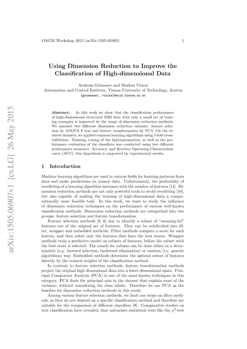 Using Dimension Reduction To Improve The Classification Of High