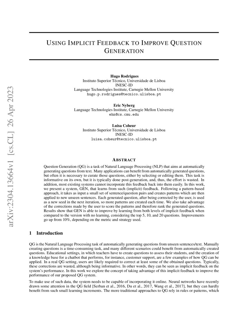Using Implicit Feedback to Improve Question Generation | DeepAI