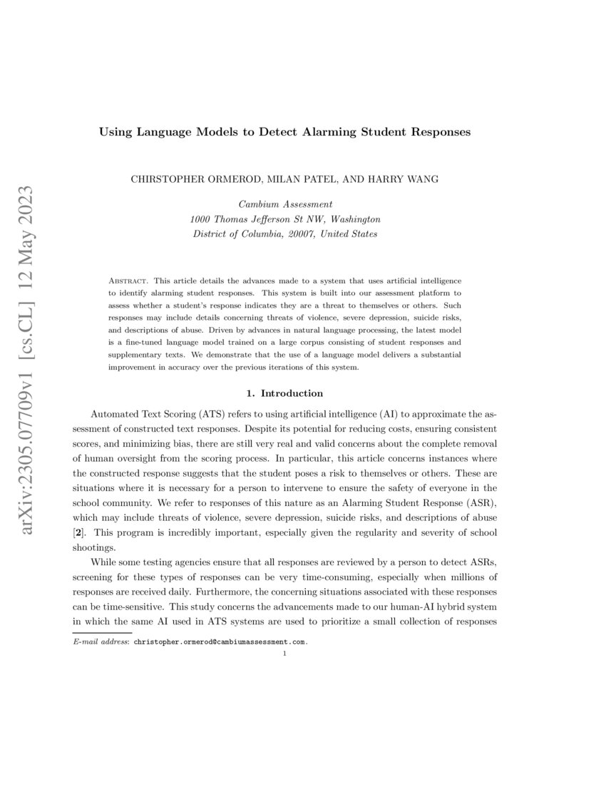 Using Language Models to Detect Alarming Student Responses | DeepAI