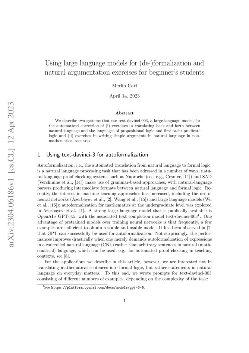 Using large language models for (de-)formalization and natural argumentation exercises for ...