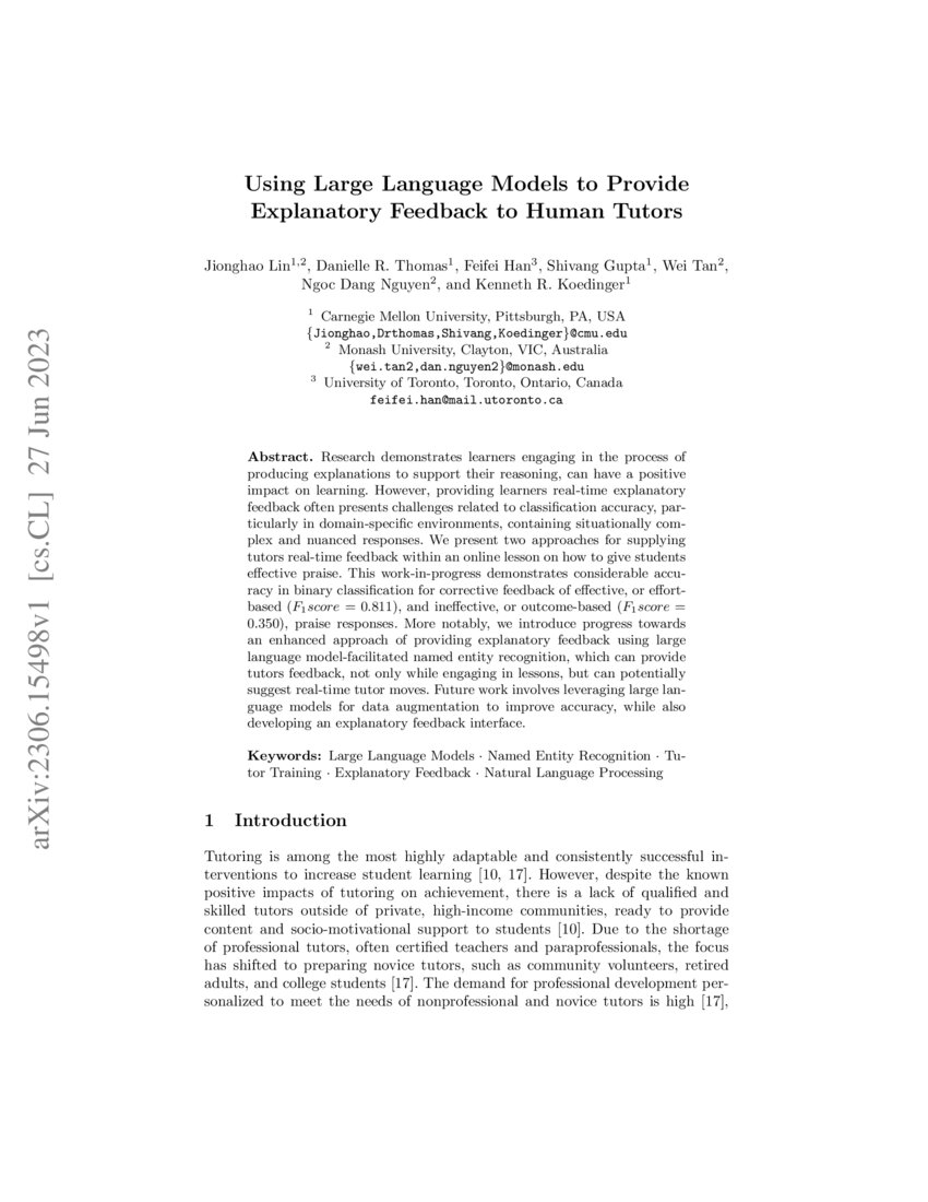 Using Large Language Models to Provide Explanatory Feedback to Human Tutors | DeepAI