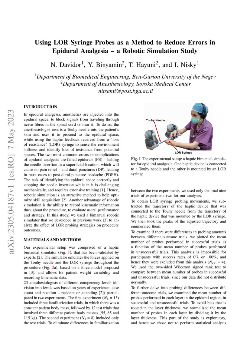 Using LOR Syringe Probes as a Method to Reduce Errors in Epidural Analgesia – a Robotic ...