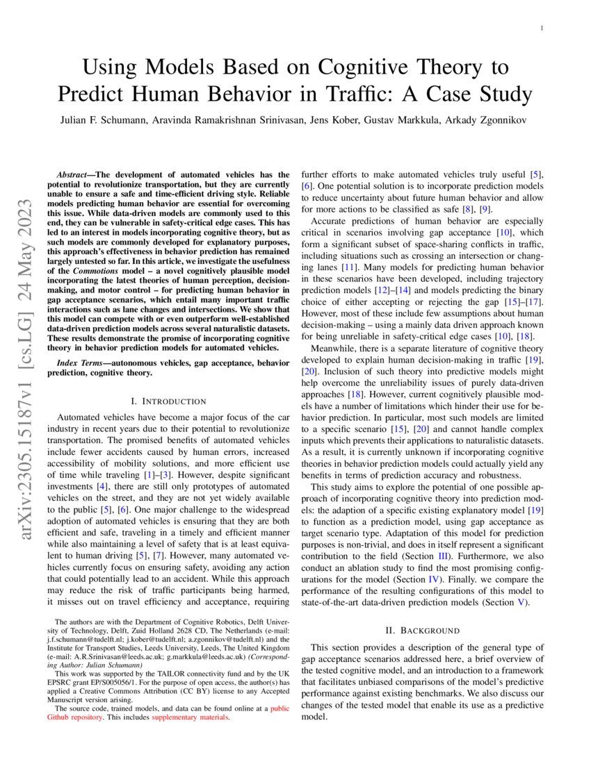 Using Models Based on Cognitive Theory to Predict Human Behavior in Traffic: A Case Study | DeepAI
