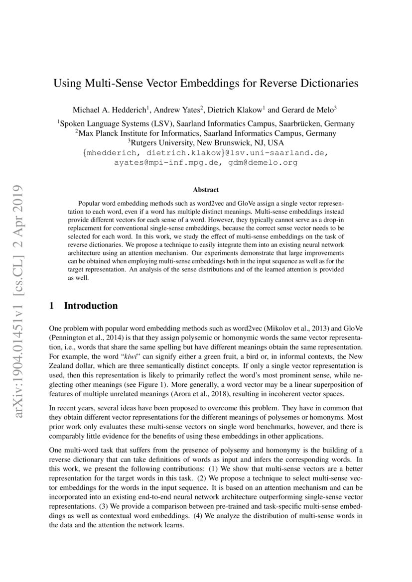 Using Multi Sense Vector Embeddings For Reverse Dictionaries Deepai