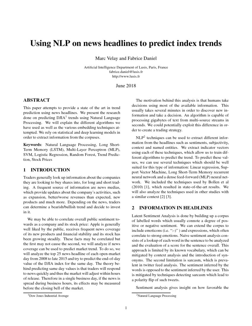 Using NLP on news headlines to predict index trends | DeepAI