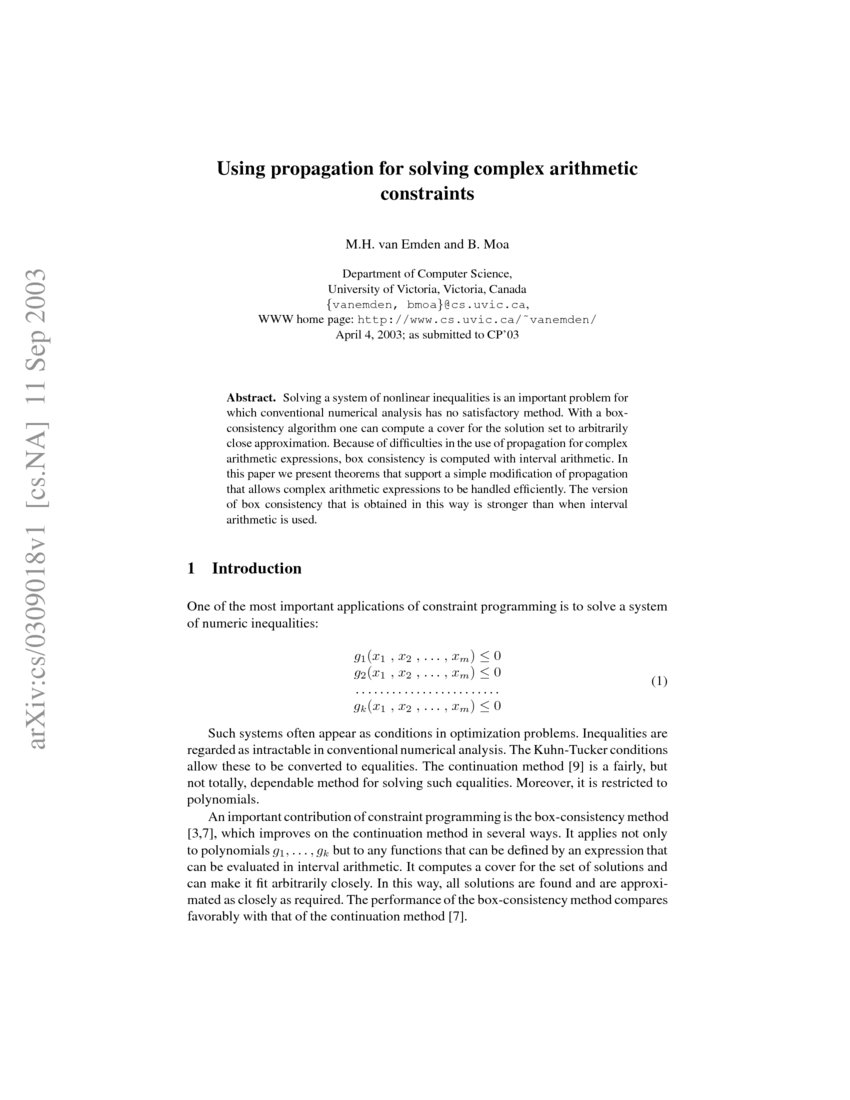 Using Propagation For Solving Complex Arithmetic Constraints Deepai