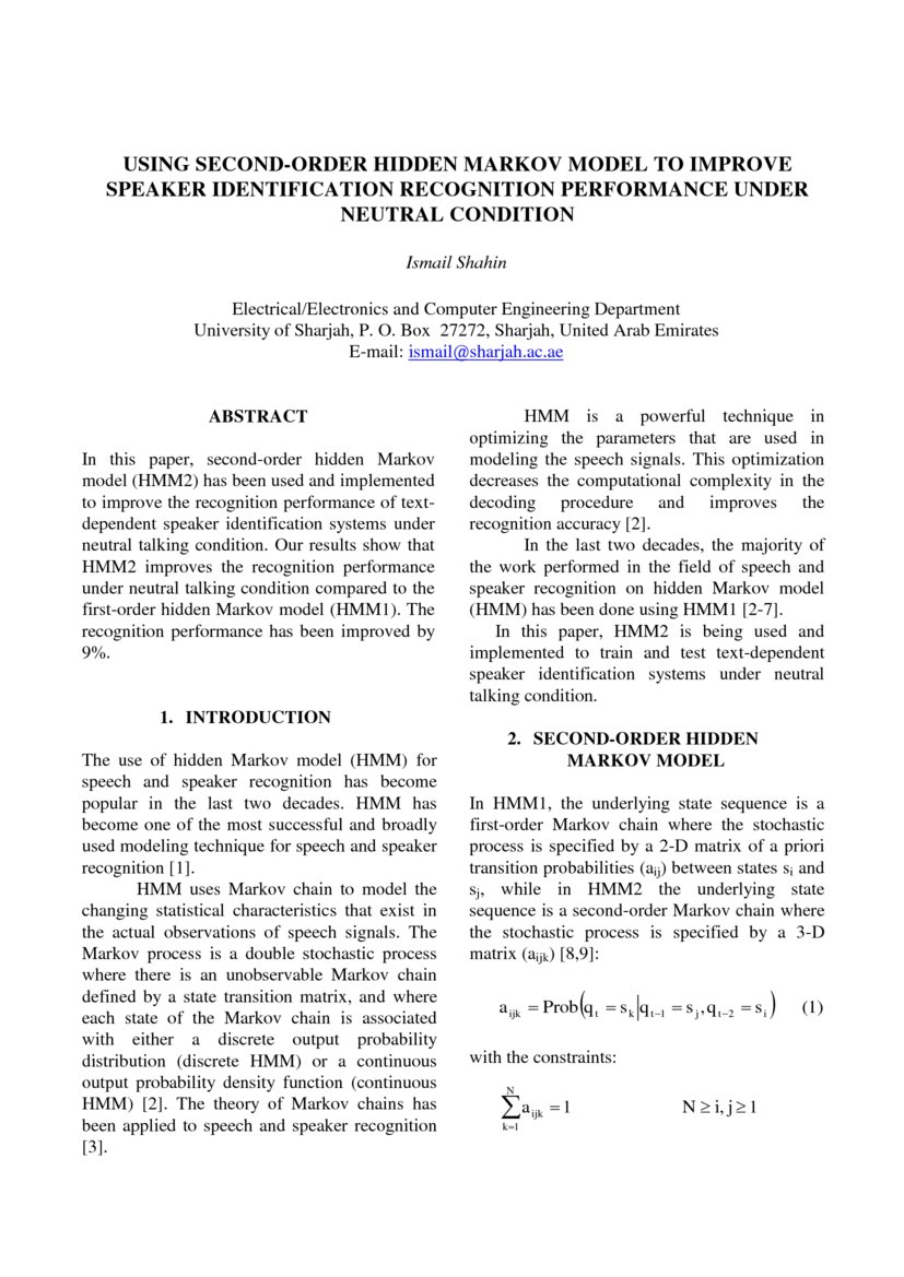 Using Second-Order Hidden Markov Model to Improve Speaker Identification Recognition Performance ...