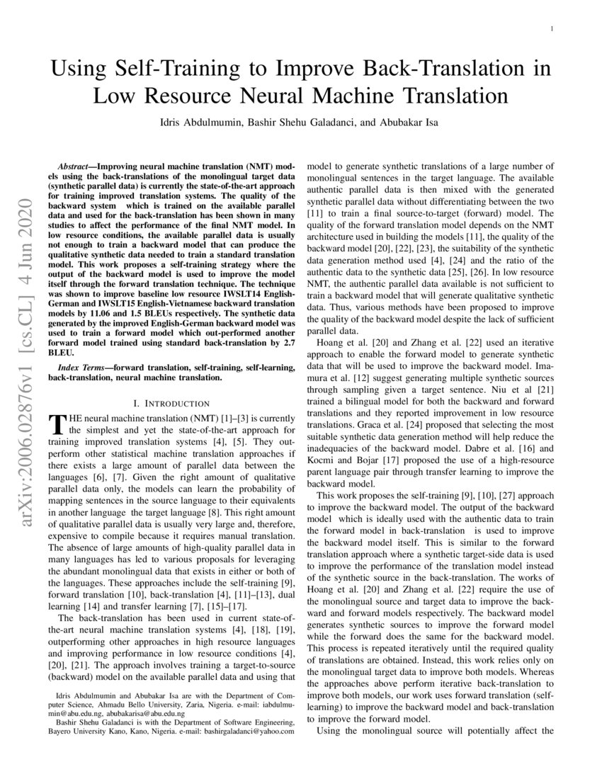 Using Self-Training to Improve Back-Translation in Low Resource Neural ...