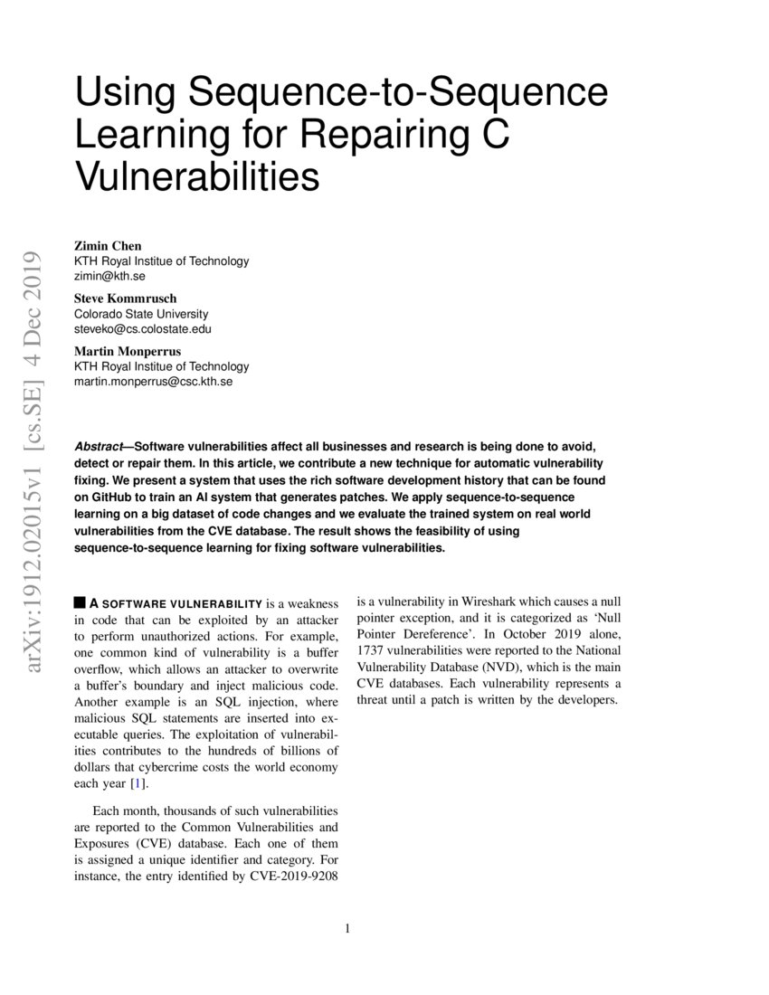 Using Sequence To Sequence Learning For Repairing C Vulnerabilities Deepai 