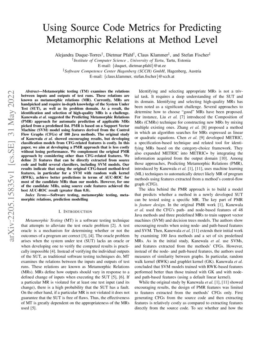 Using Source Code Metrics For Predicting Metamorphic Relations At Method Level Deepai