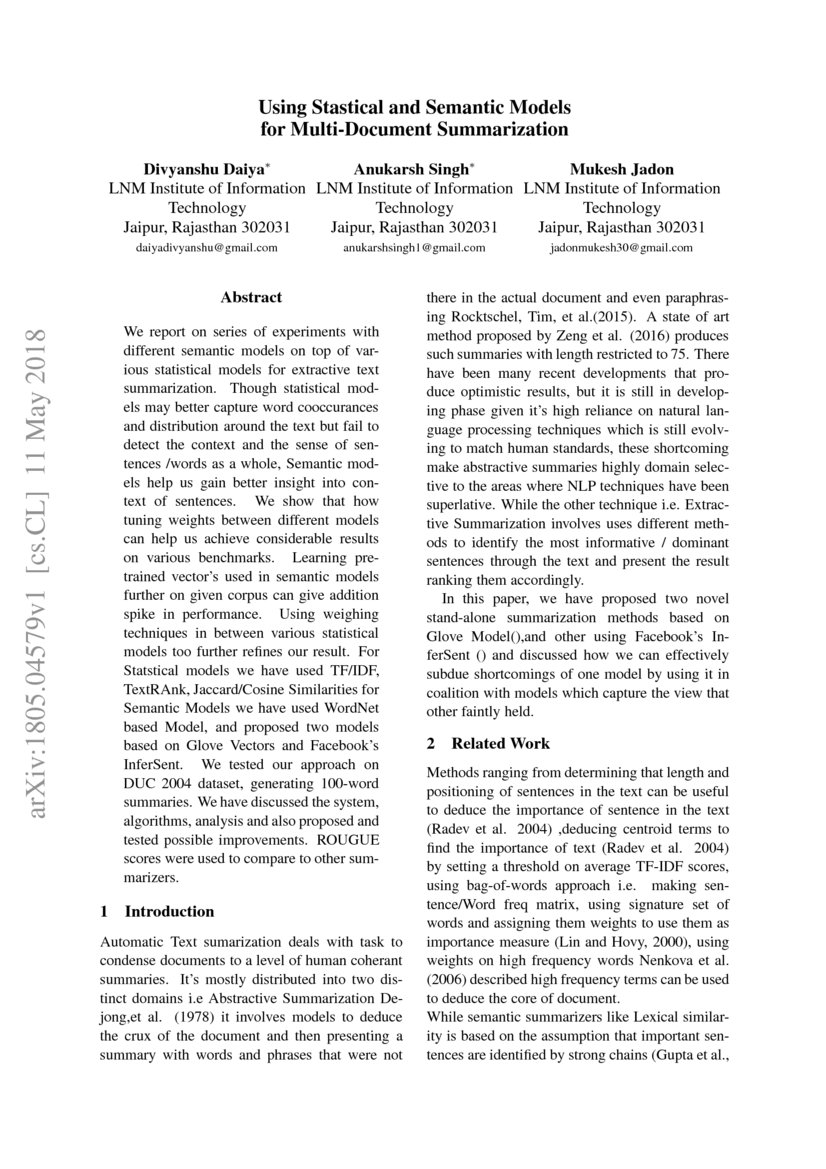 Using Stastical And Semantic Models For Multi Document Summarization
