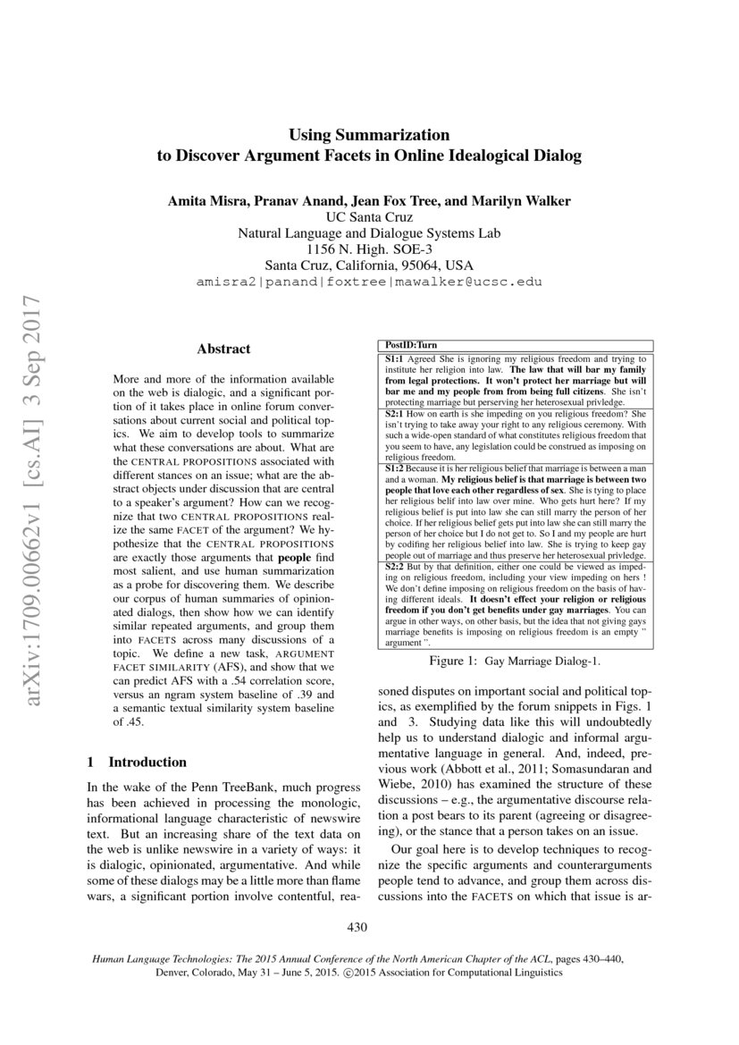 Using Summarization To Discover Argument Facets In Online Ideological Dialog Deepai